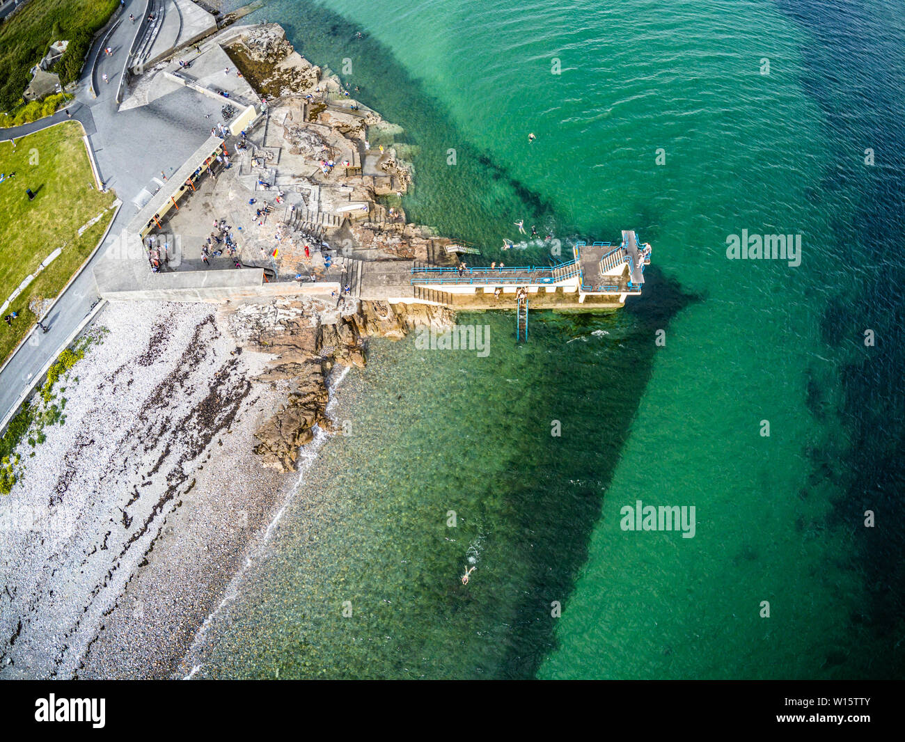 Aerial view of Blackrock beach with Diving tower in Salthill, Galway ...