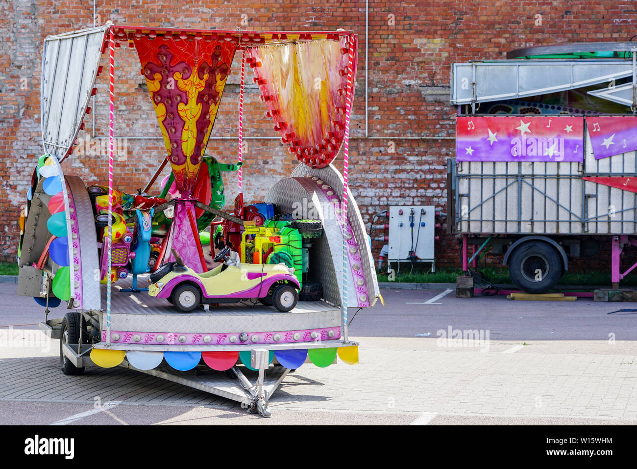 movable amusement park, disassembled carousel in a car trailer Stock ...