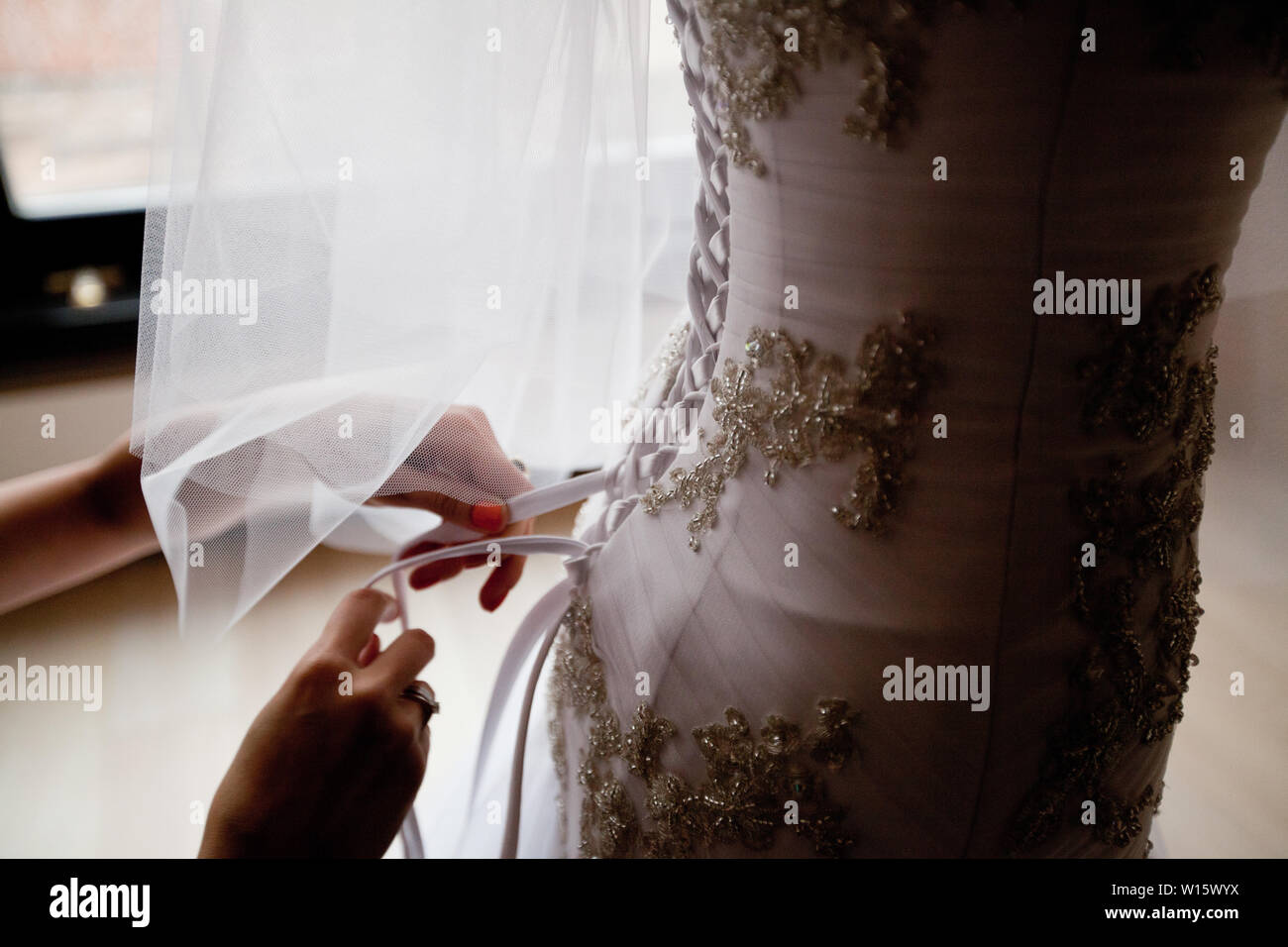 Bride from the back. Lacing the wedding dress Stock Photo - Alamy