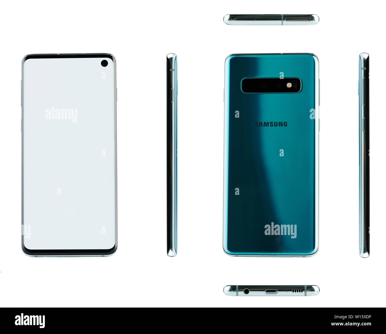 New york, USA - June 28, 2019: 3d view of green Smasung galaxy s10 ...