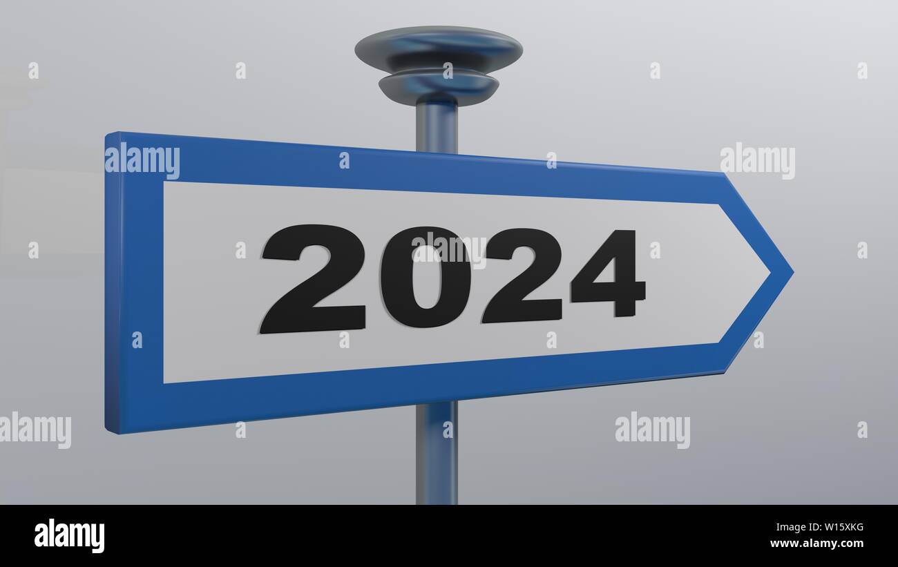 2024 Blue street sign arrow on white background - 3D rendering ...