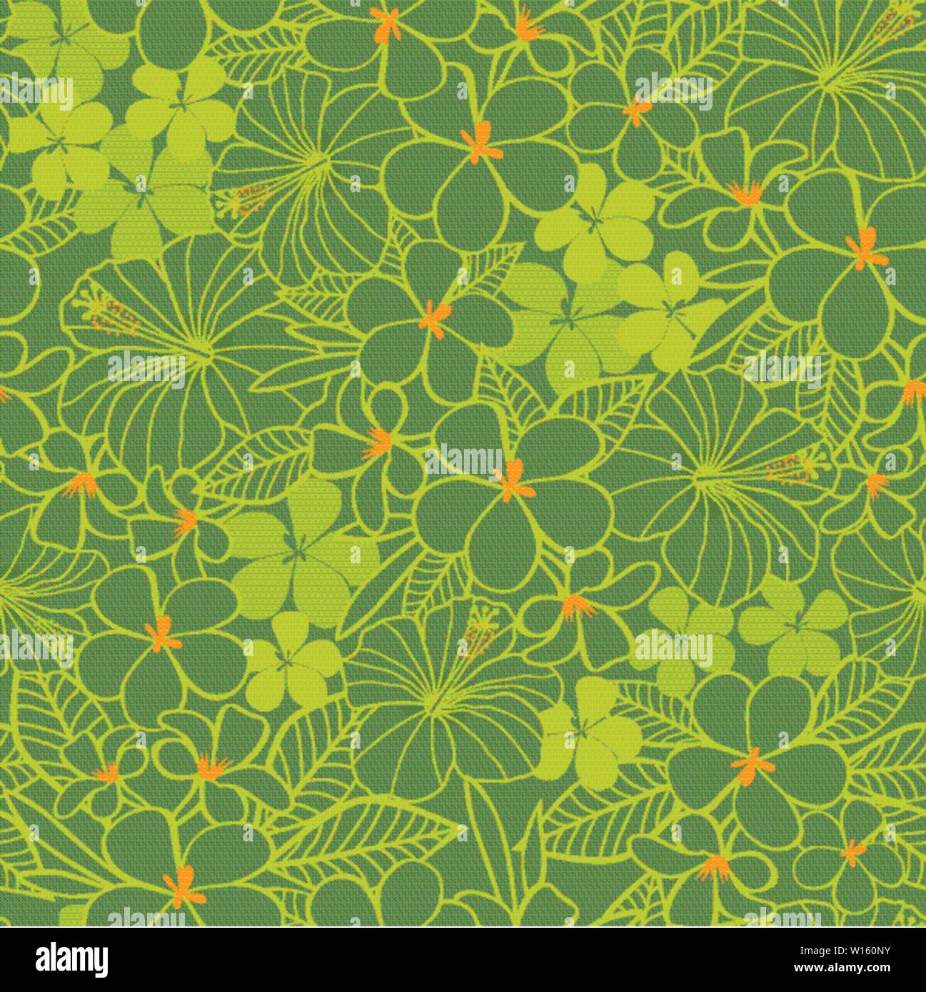 Vector Green Tropical Flowers Hibiscus And Frangipani Seamless Pattern