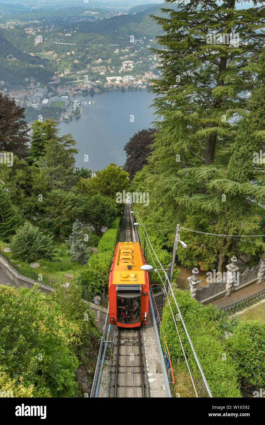 COMO, ITALY - JUNE 2019: Carriage on the funicular railway in Como ...