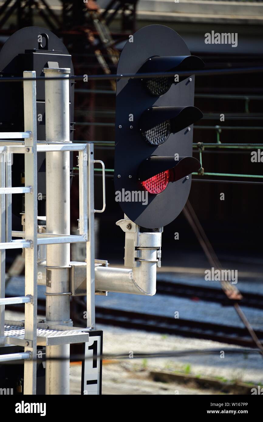Chicago, Illinois, USA. A red signal prohibits train movement on a ...