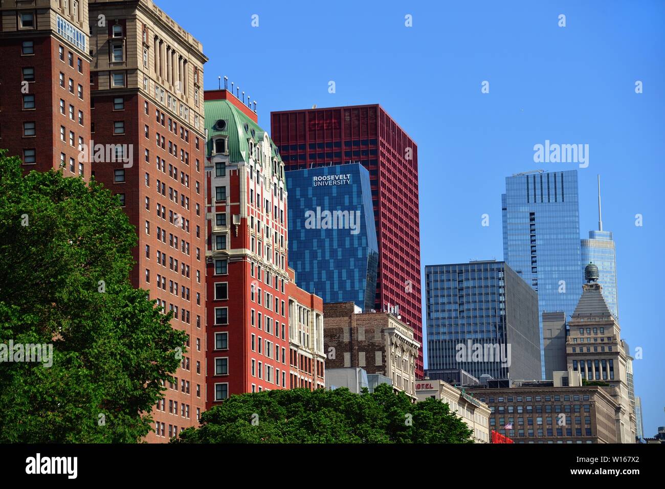 Chicago, Illinois, USA. The venerable facades of buildings along South ...