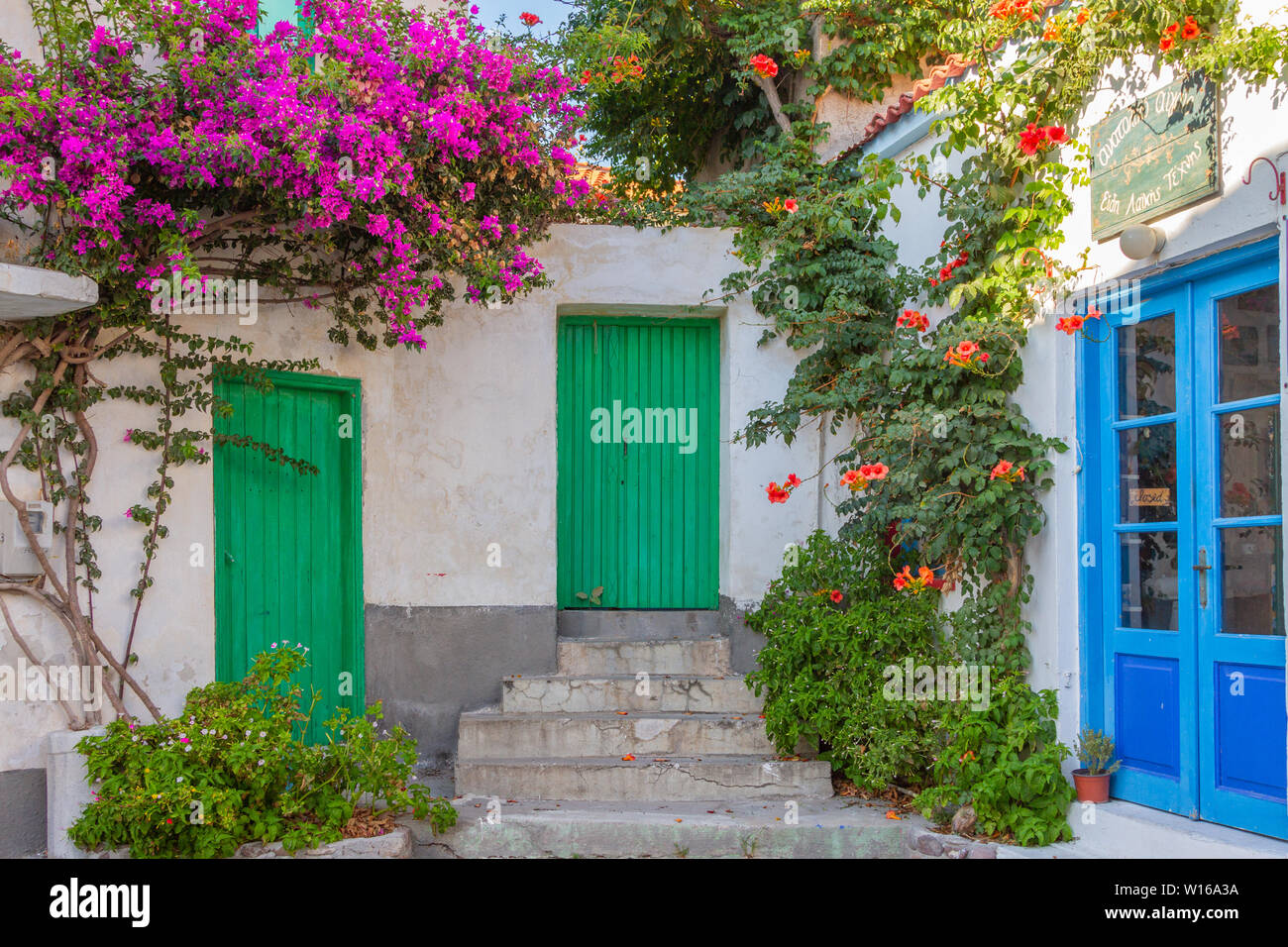 Traditional alley in Sigri village, Lesvos island. Coloured doors and ...
