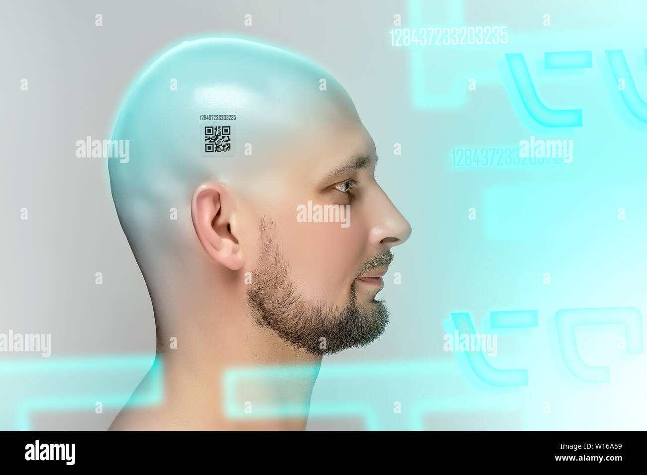 Profile of bald man with QR code on head on gray background in studio ...