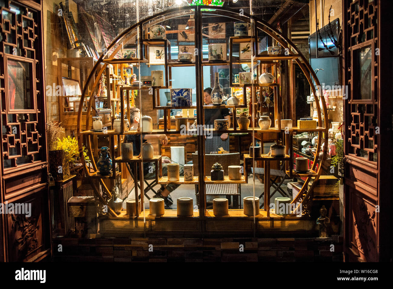 Restaurant window in the old water town of Qibao in the outskirts of ...