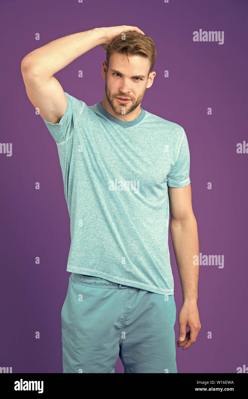 Masculinity concept. Man with muscular arms confident and strong. Does ...