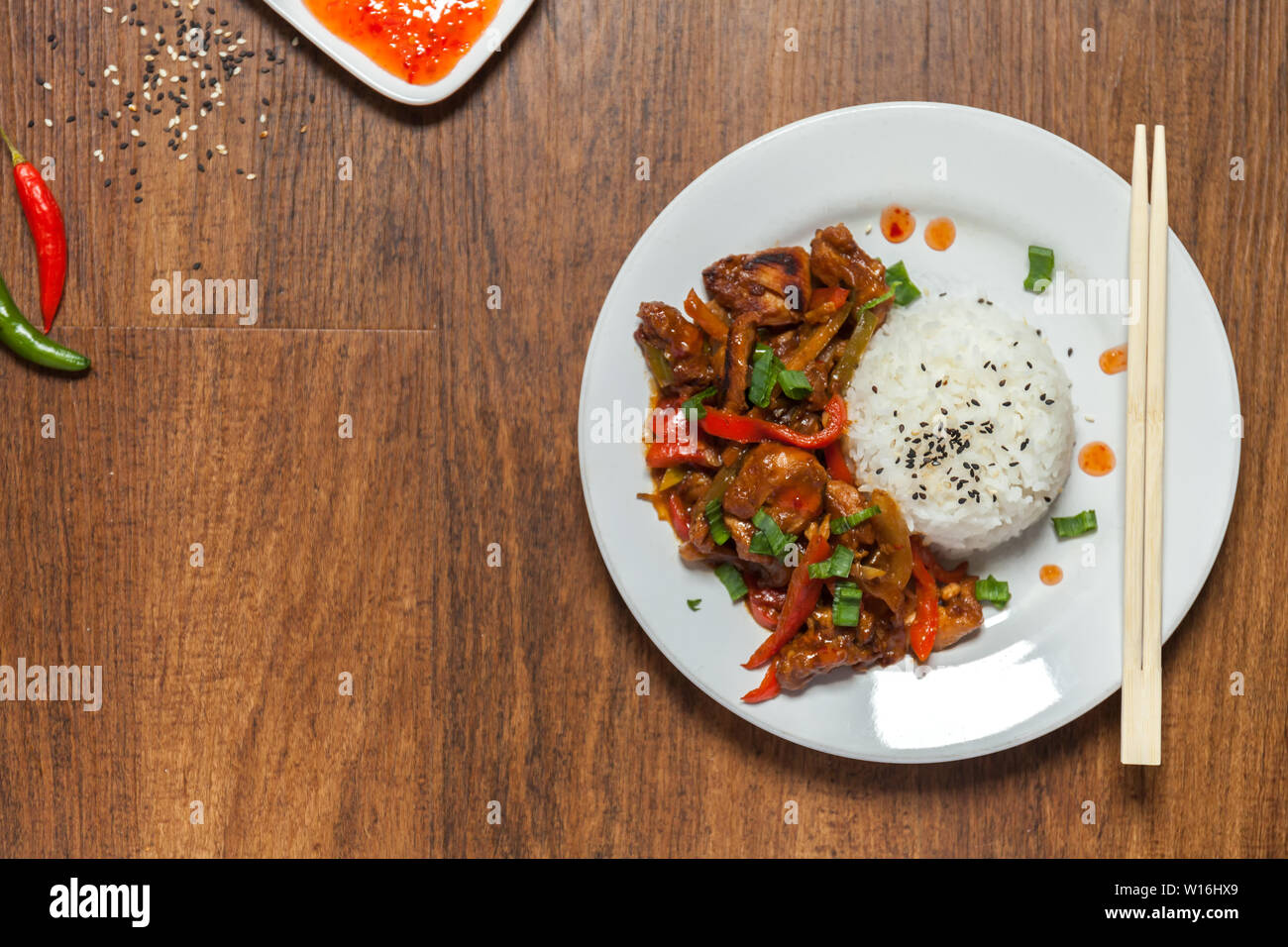 Sweet and Sour Chicken on Rice. Typical Asian dish. A lot of negative ...