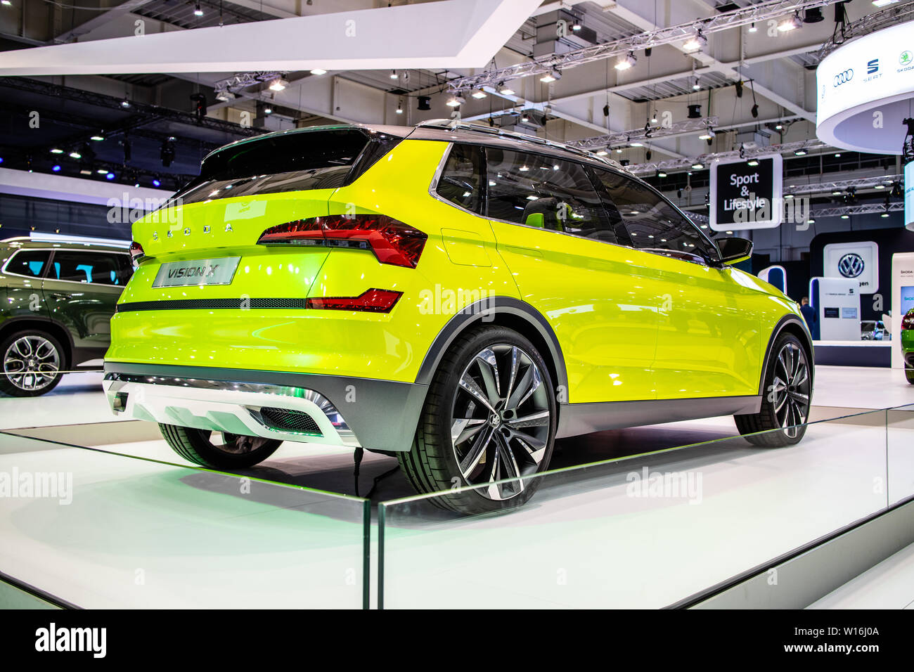Poznan, Poland, March 2019: yellow Skoda VISION X concept prototype car ...