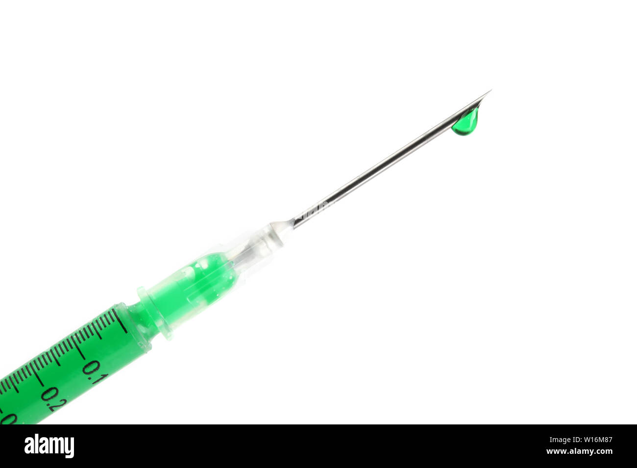 Syringe filled with green drug and dripping from the needle - isolated ...