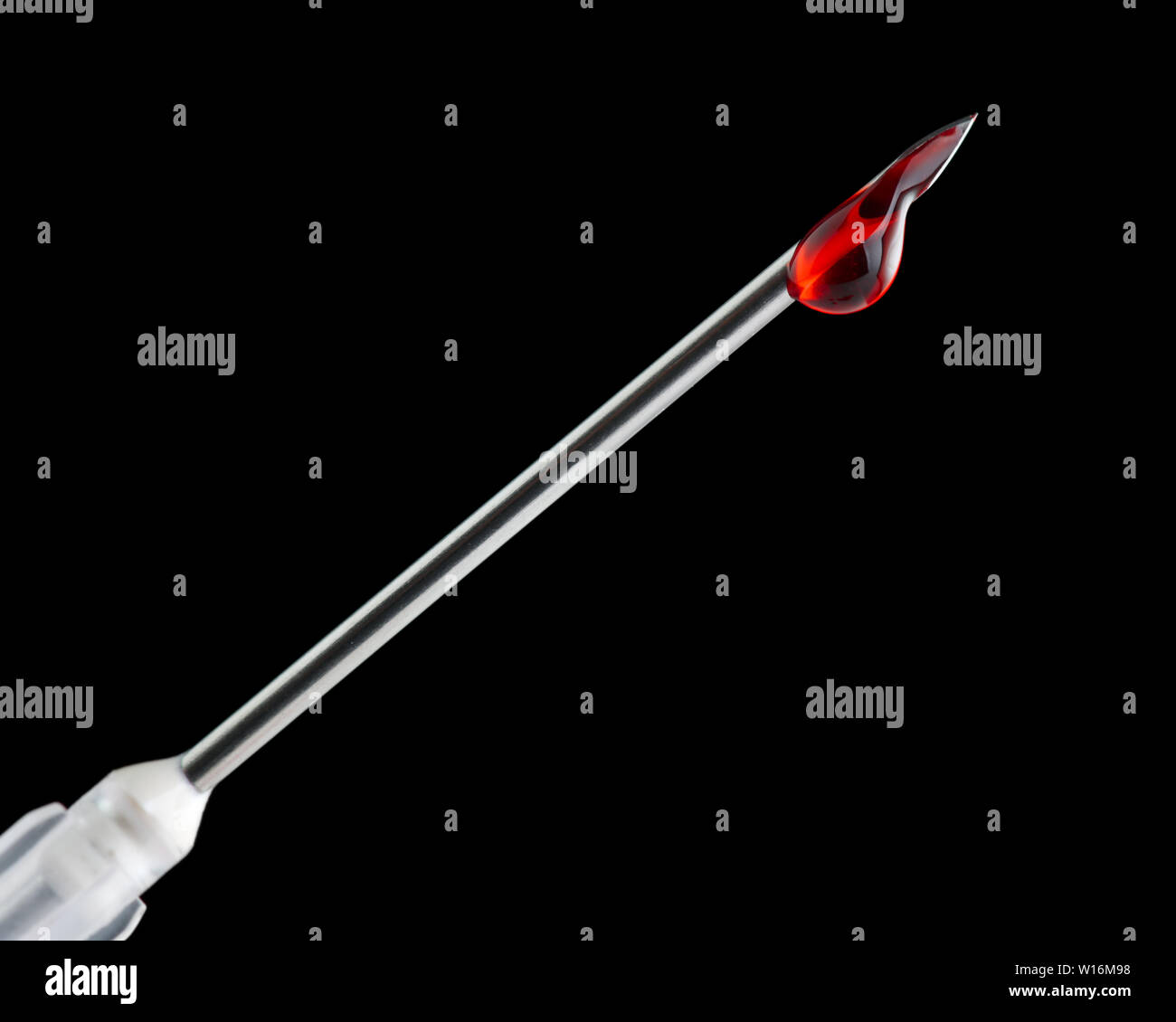 Syringe filled with blood and dripping from the needle - isolated on ...