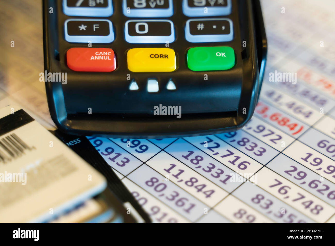 Credit Card Machine on spreadsheet with credit cards Stock Photo - Alamy