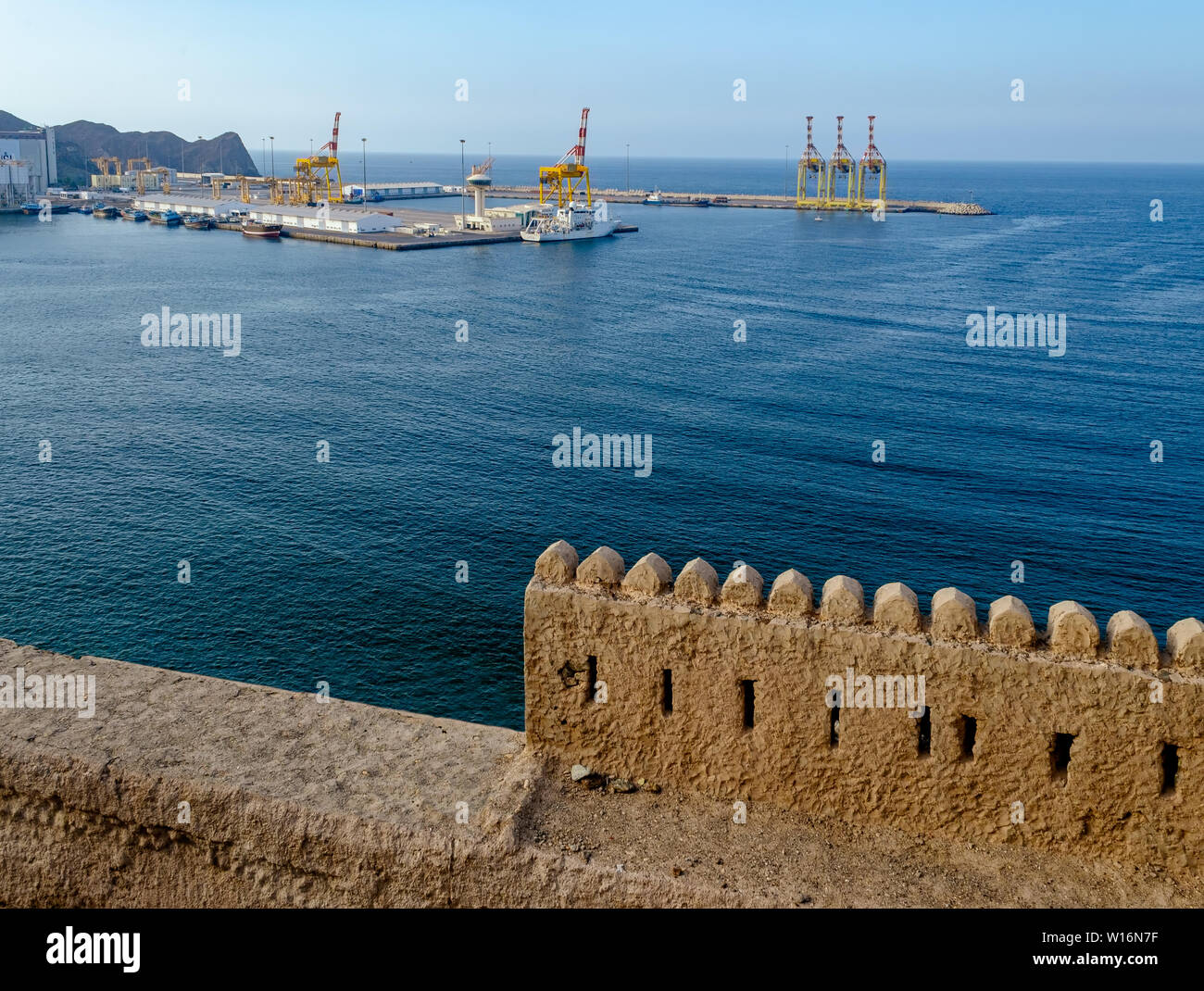 Muscat port and sea. View from the balcony of the old Muttrah Fort ...