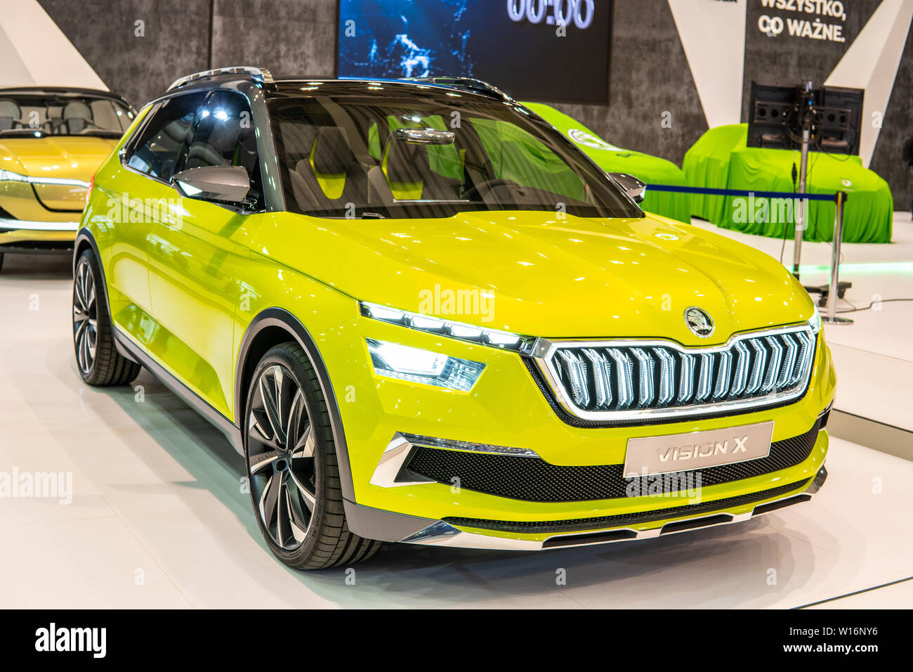 Poznan, Poland, March 2019: yellow Skoda VISION X concept prototype car ...
