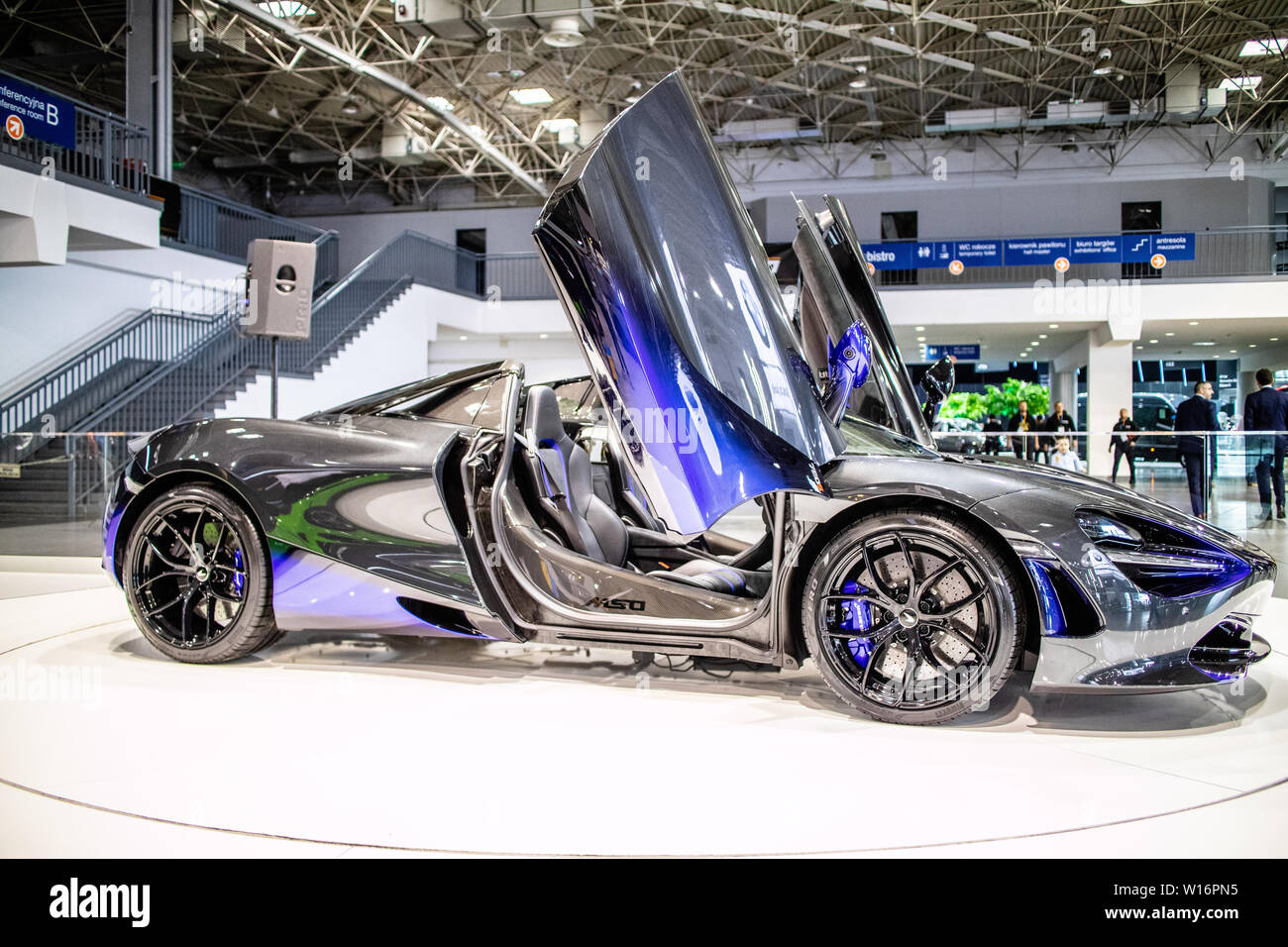 Poznan, Poland, March 28, 2019: metallic black McLaren 720s Spider at ...