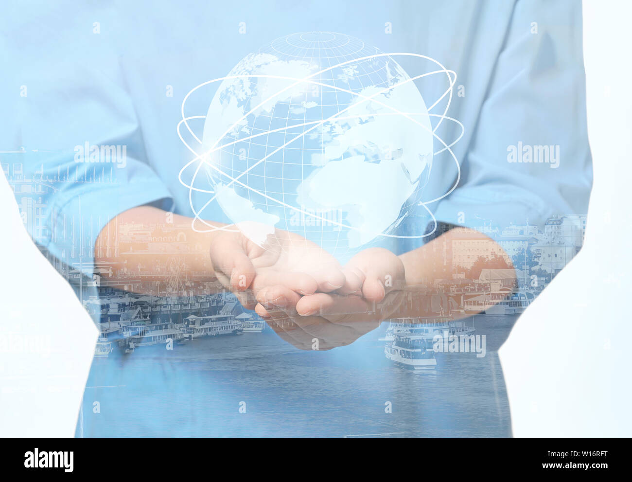 Double exposure of woman with digital model of Earth and city on white ...