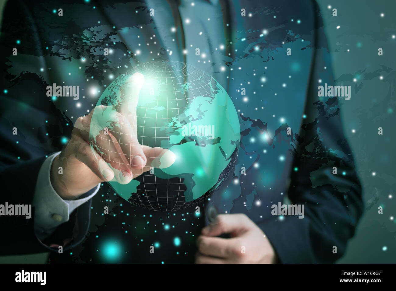 Man with digital model of Earth, closeup. Concept of global network ...