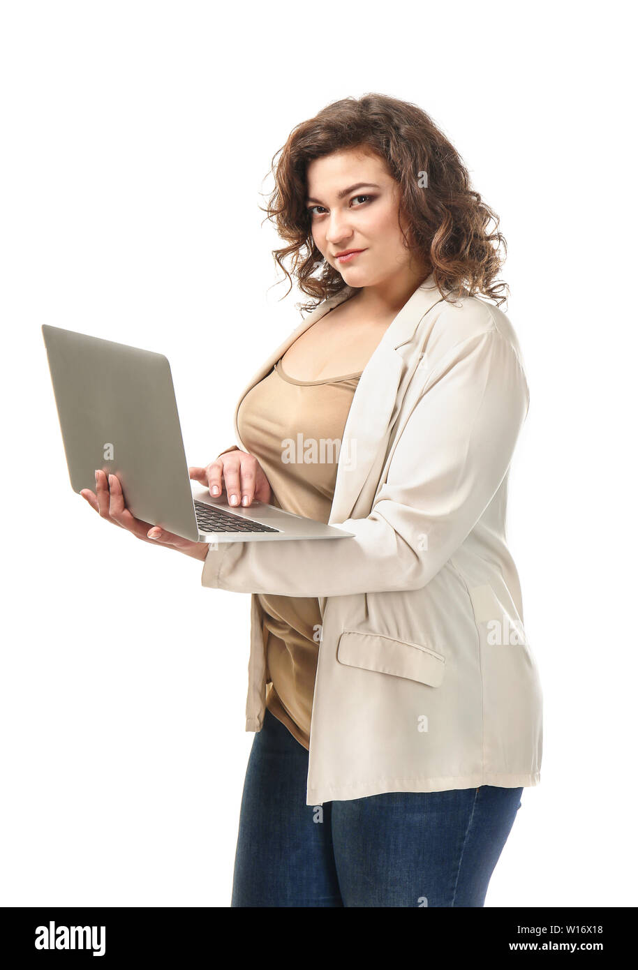 Overweight woman with laptop on white background Stock Photo - Alamy