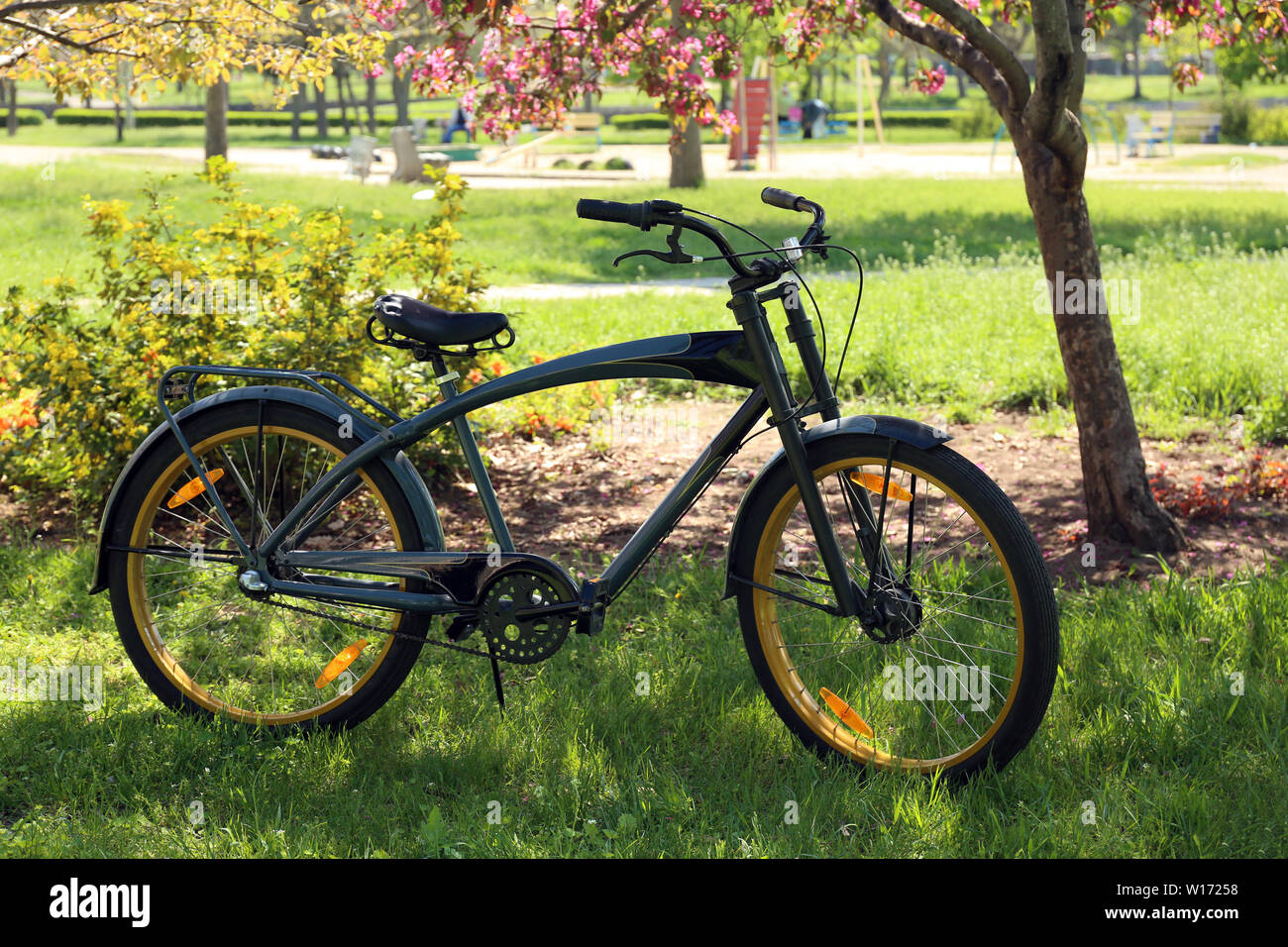 Modern bicycle in spring park Stock Photo - Alamy