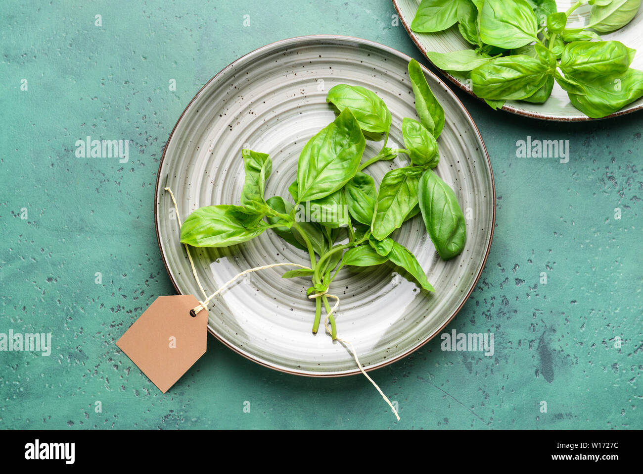 Plates with fresh basil on color background Stock Photo - Alamy