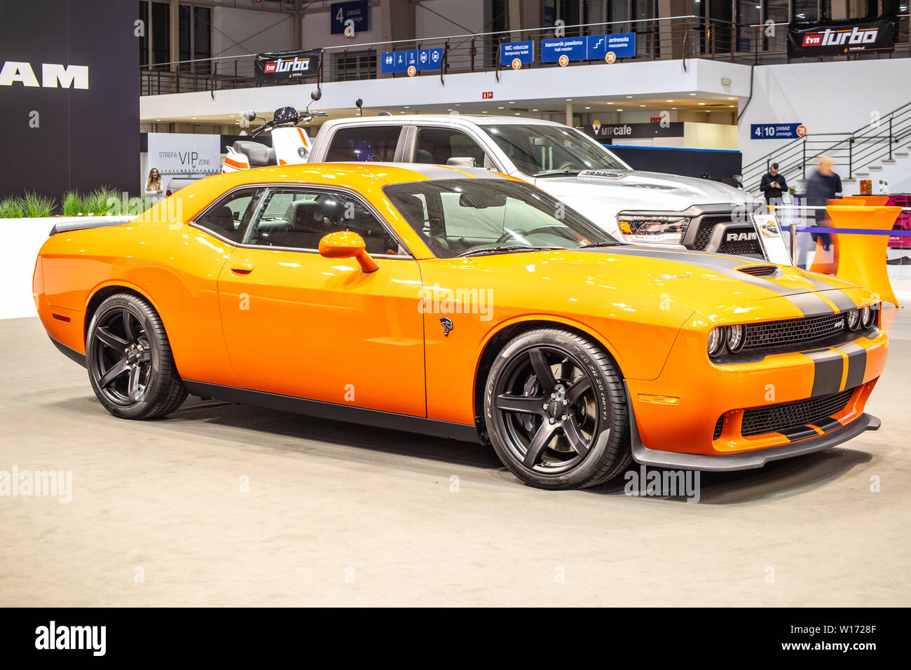 Poznan, Poland, March 2019: metallic orange Dodge Challenger SRT ...