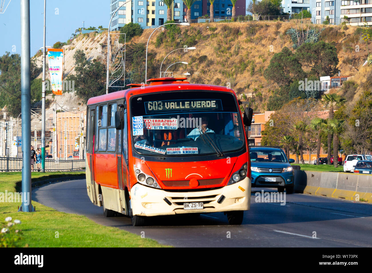 VALPARAISO, CHILE - JANUARY 2016: A public transport bus in Valparaiso ...