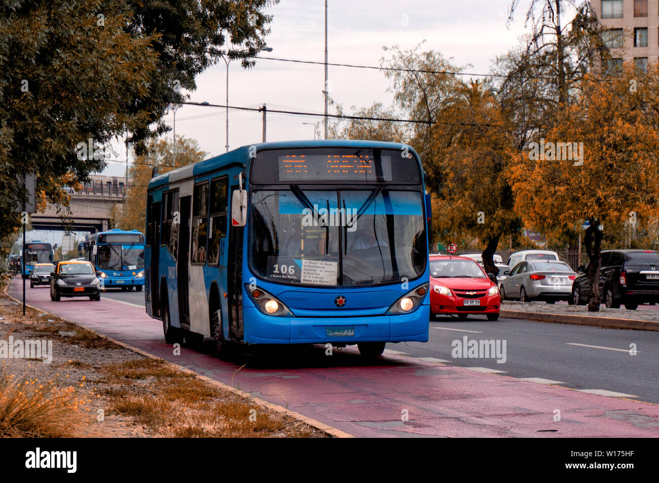 SANTIAGO, CHILE - JANUARY 2016: A Transantiago bus near its next stop ...