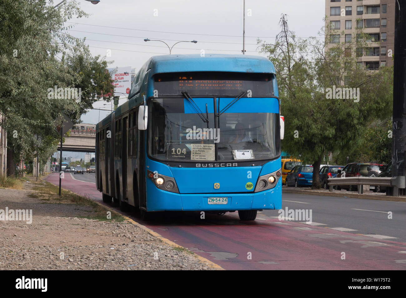 SANTIAGO, CHILE - JANUARY 2016: A Transantiago bus near its next stop ...