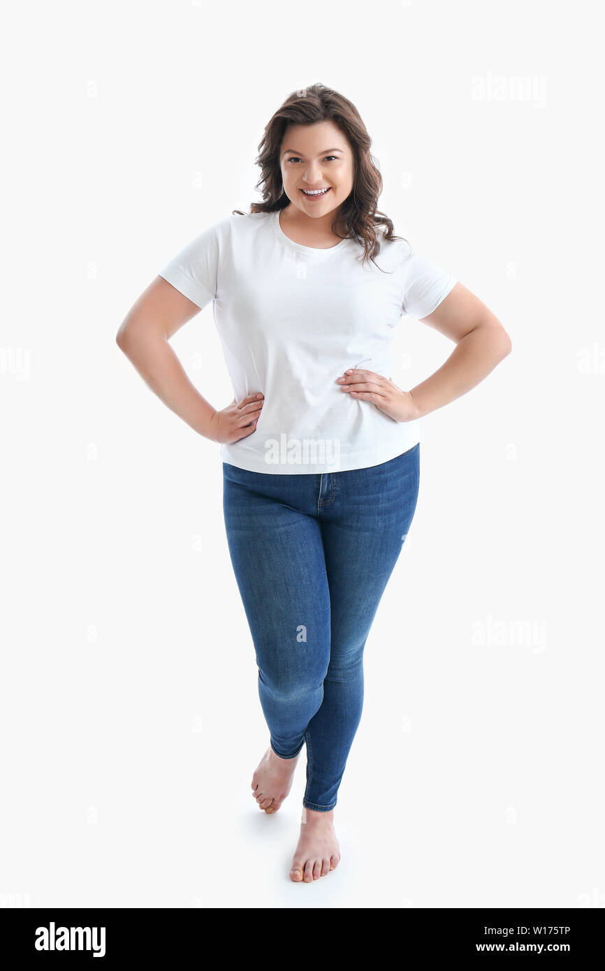 Plus size woman on white background. Concept of body positive Stock ...