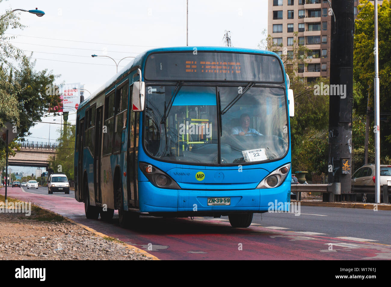 SANTIAGO, CHILE - JANUARY 2016: A Transantiago bus near its next stop ...