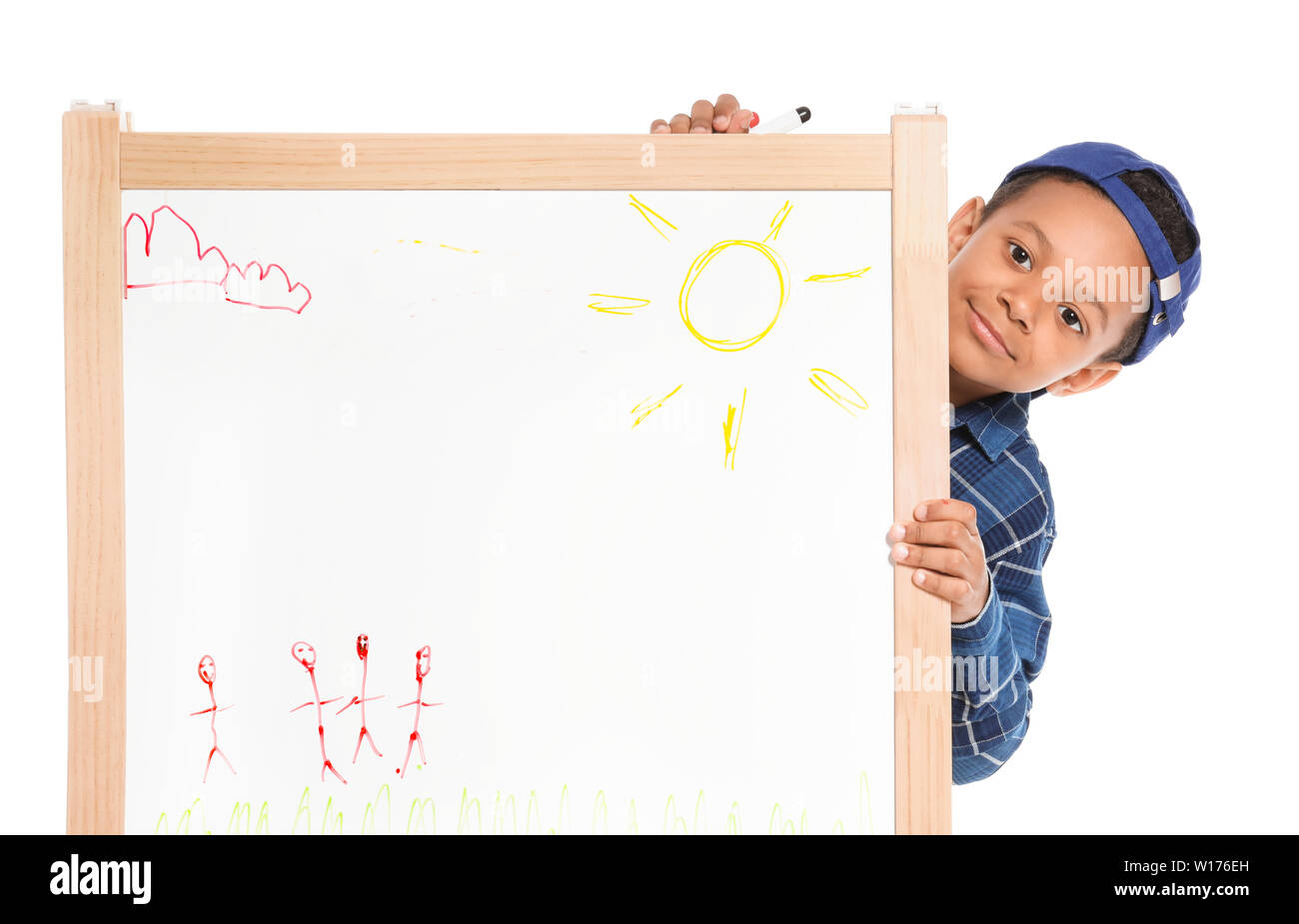 Cute little African-American artist on white background Stock Photo - Alamy