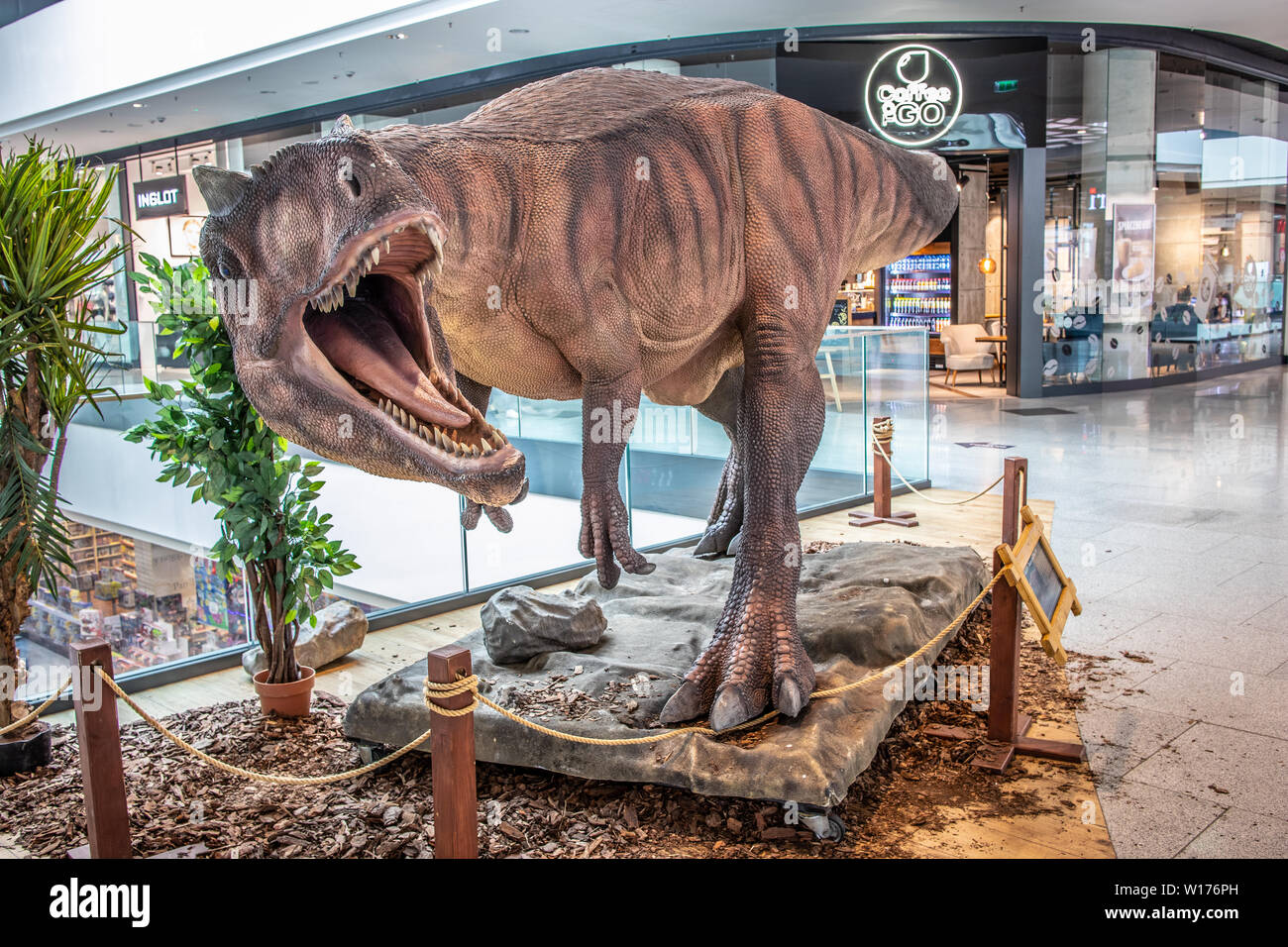Lodz, Poland, May 2019 Allosaurus dino, shopping entertainment center ...