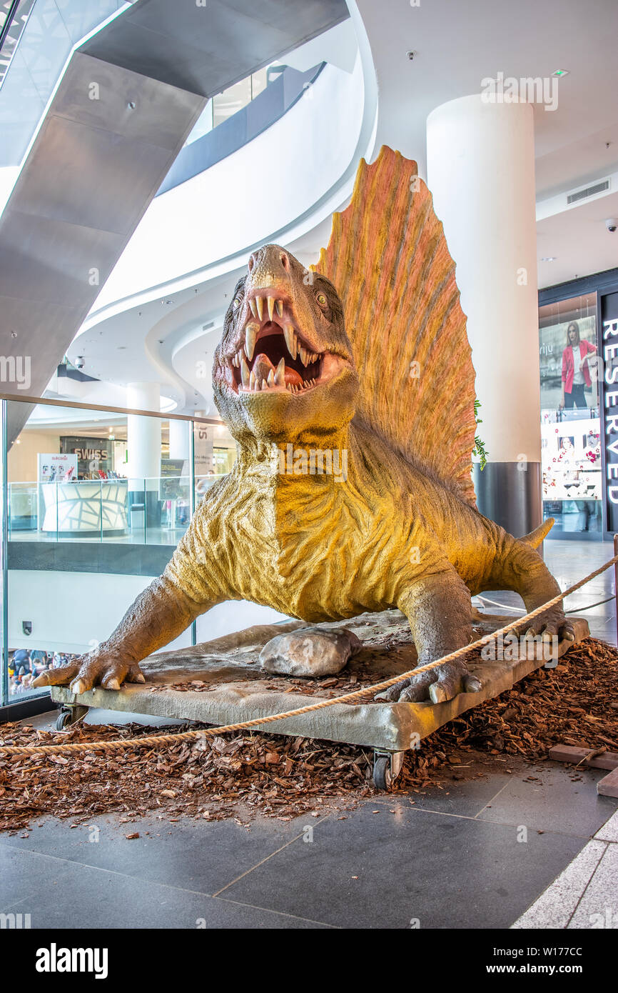 Lodz, Poland, May 2019 Dimetrodon dino, shopping entertainment center ...