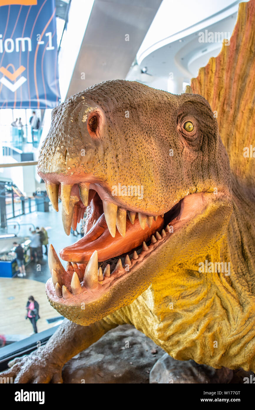 Lodz, Poland, May 2019 Dimetrodon dino, shopping entertainment center ...