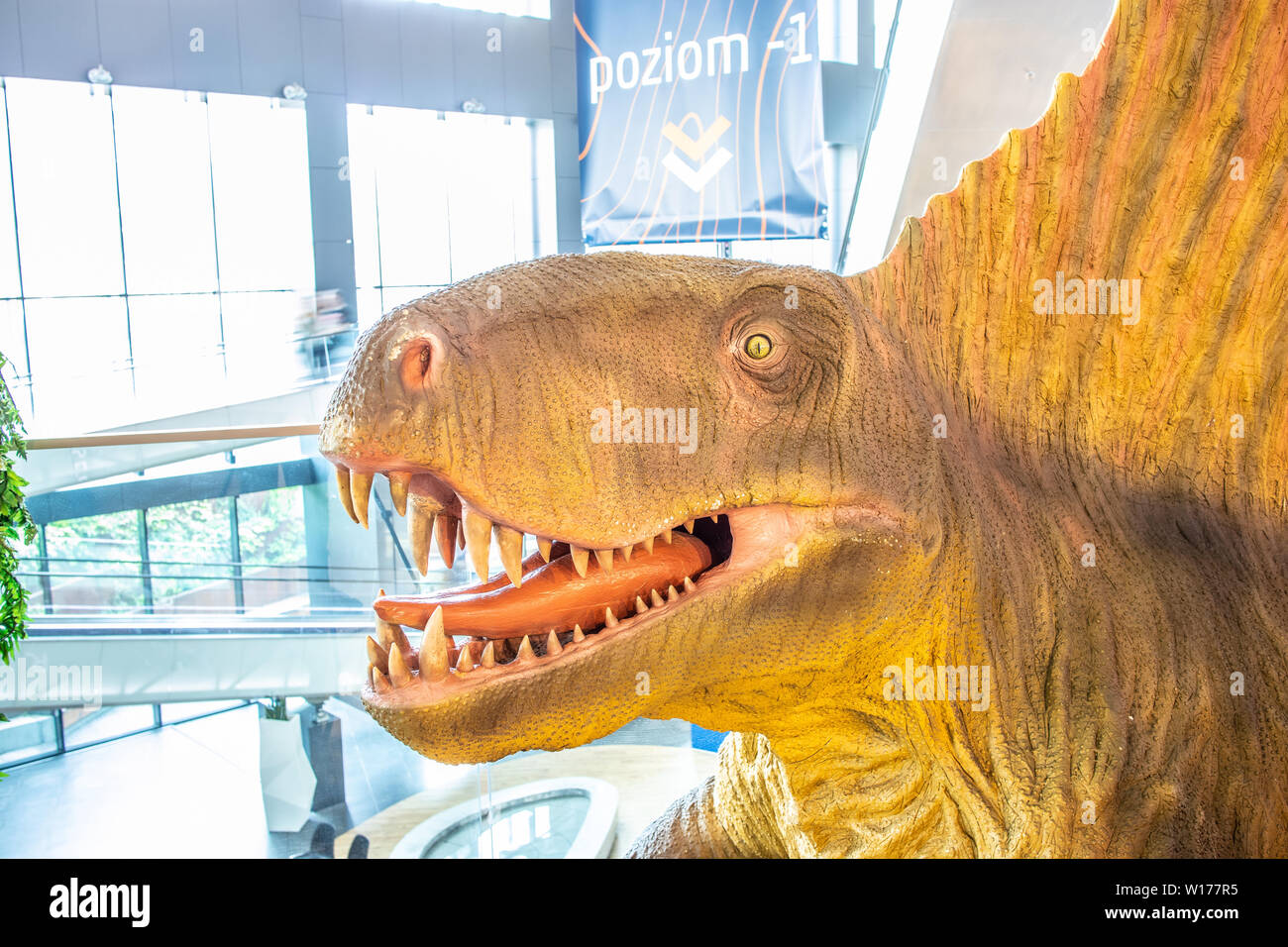 Lodz, Poland, May 2019 Dimetrodon dino, shopping entertainment center ...