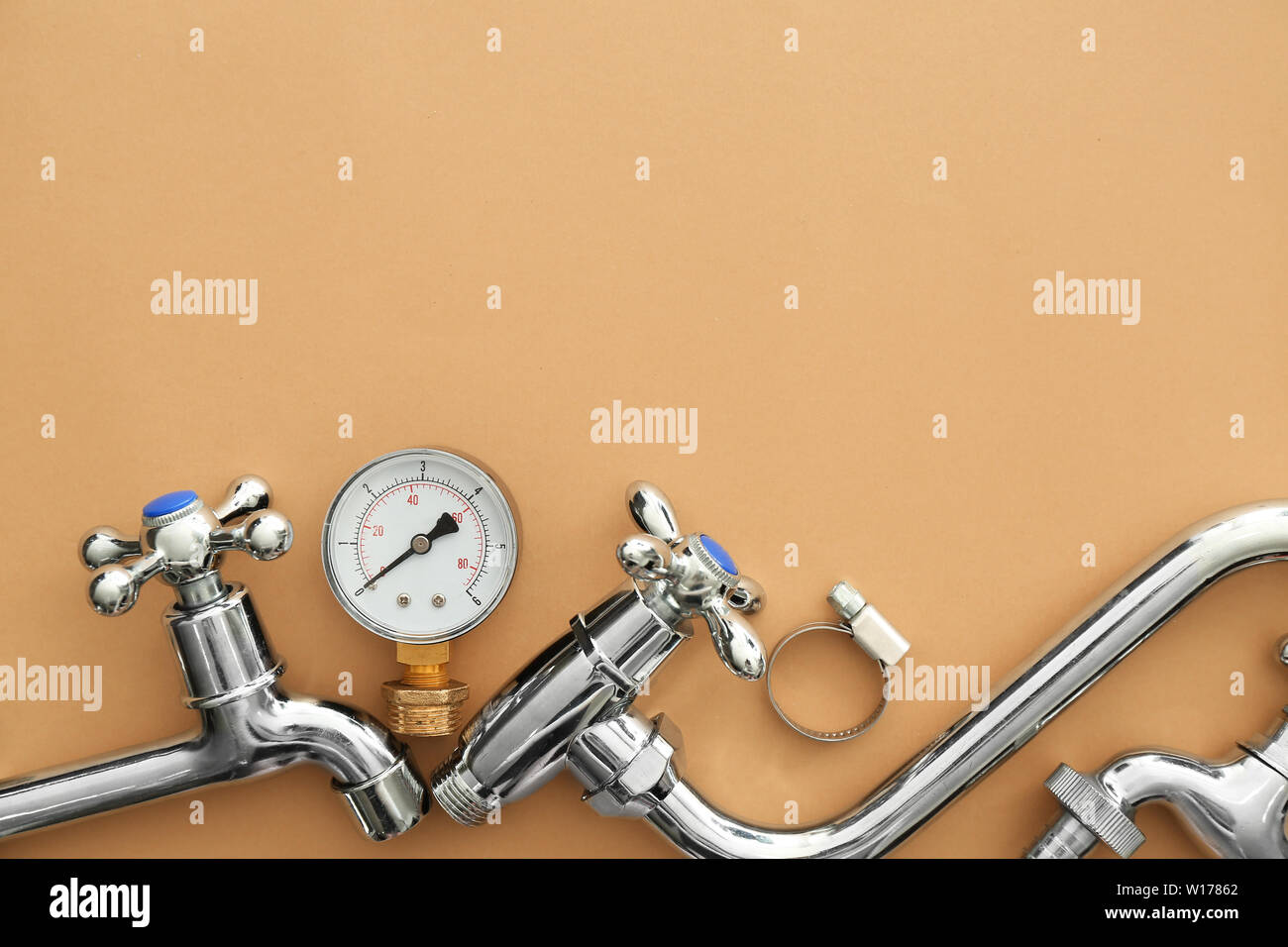 Set of plumbing items on color background Stock Photo - Alamy
