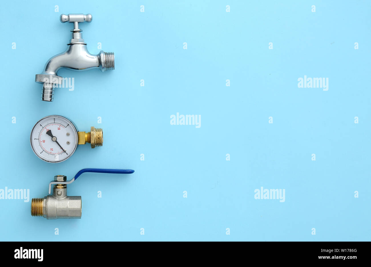 Set of plumbing items on color background Stock Photo - Alamy