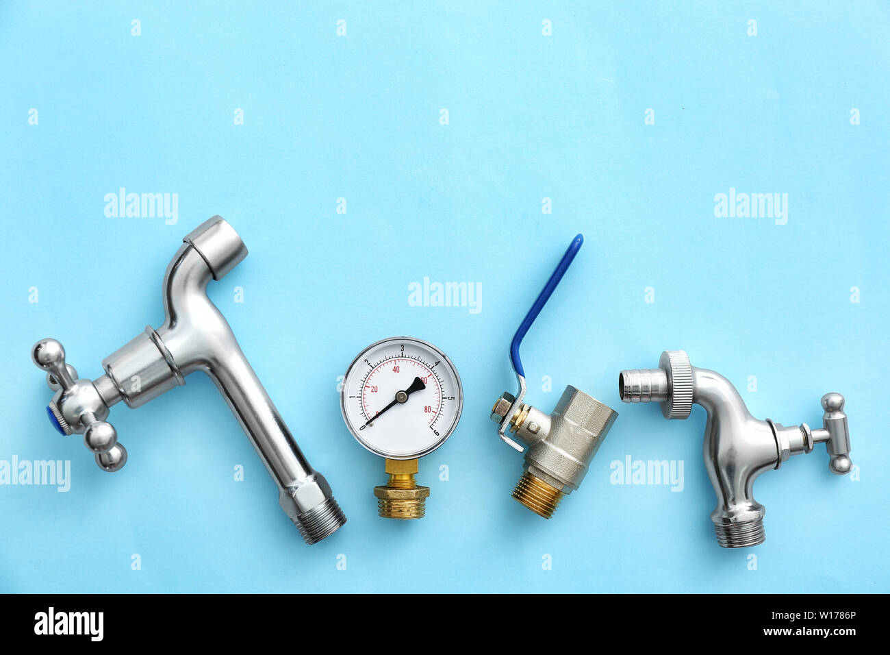 Set of plumbing items on color background Stock Photo - Alamy