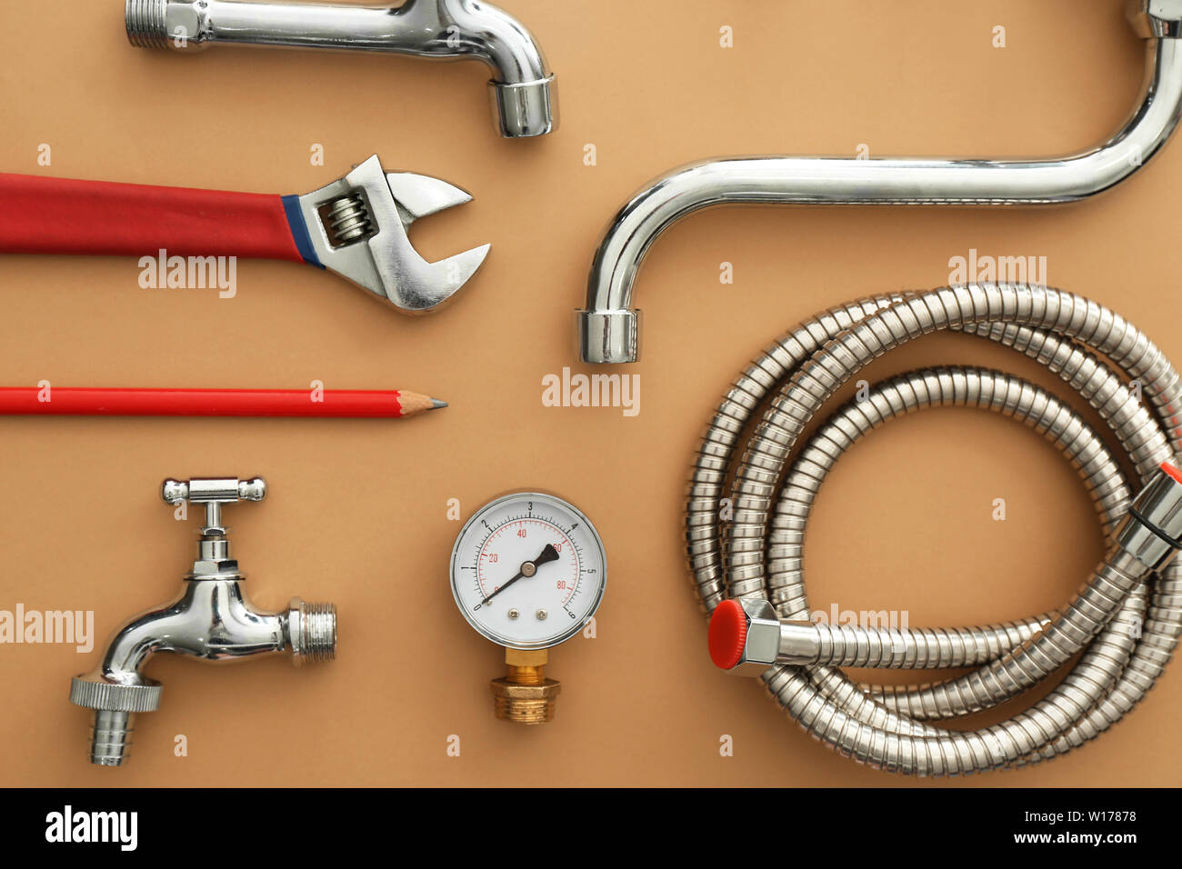 Set of plumbing items on color background Stock Photo - Alamy