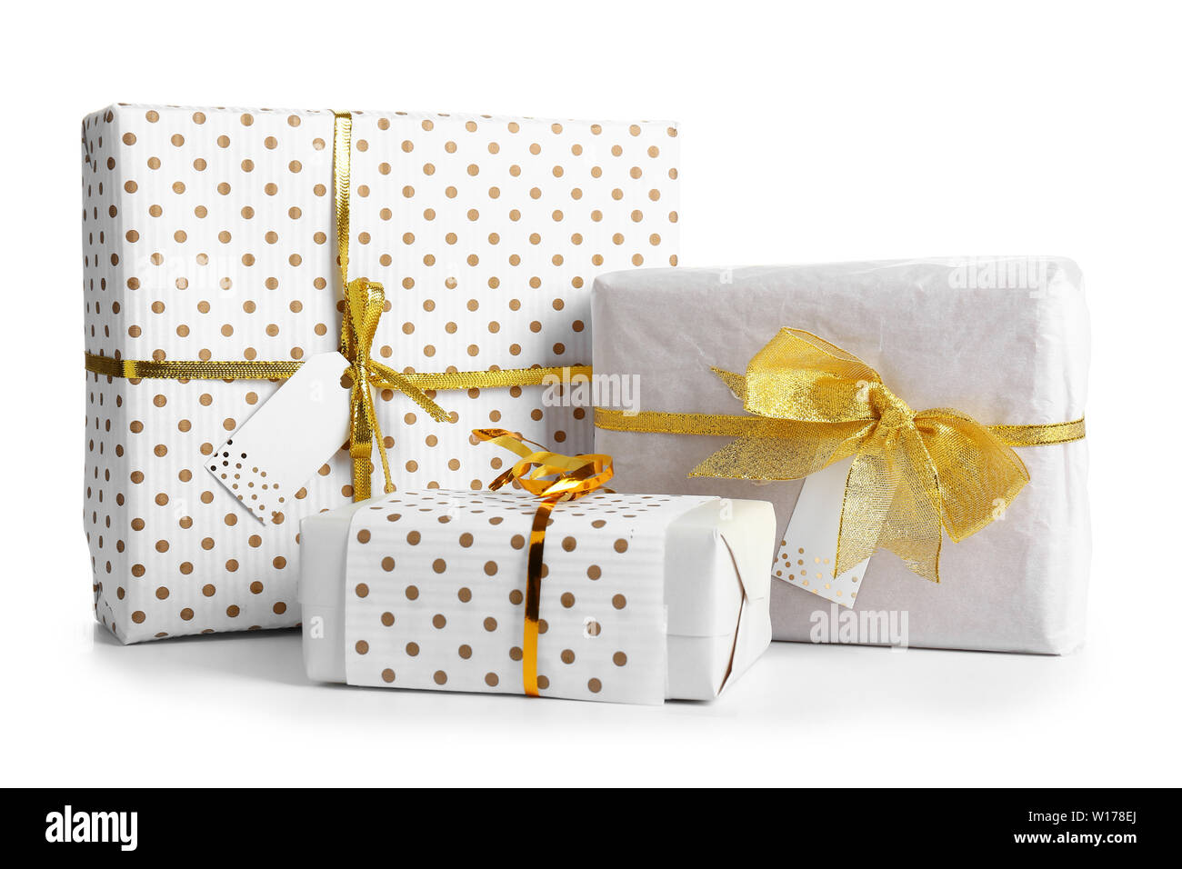Beautiful gift boxes on white background Stock Photo - Alamy