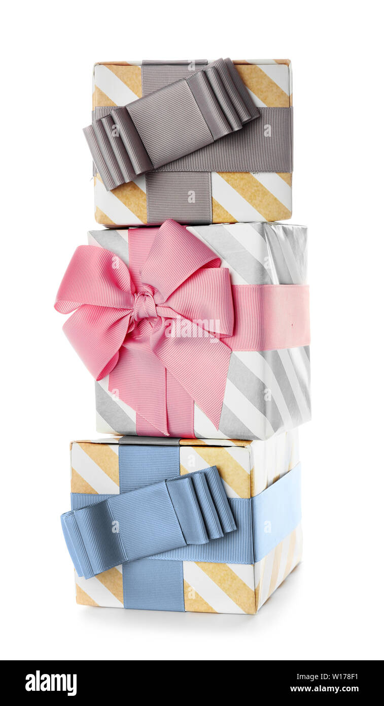 Beautiful gift boxes on white background Stock Photo - Alamy