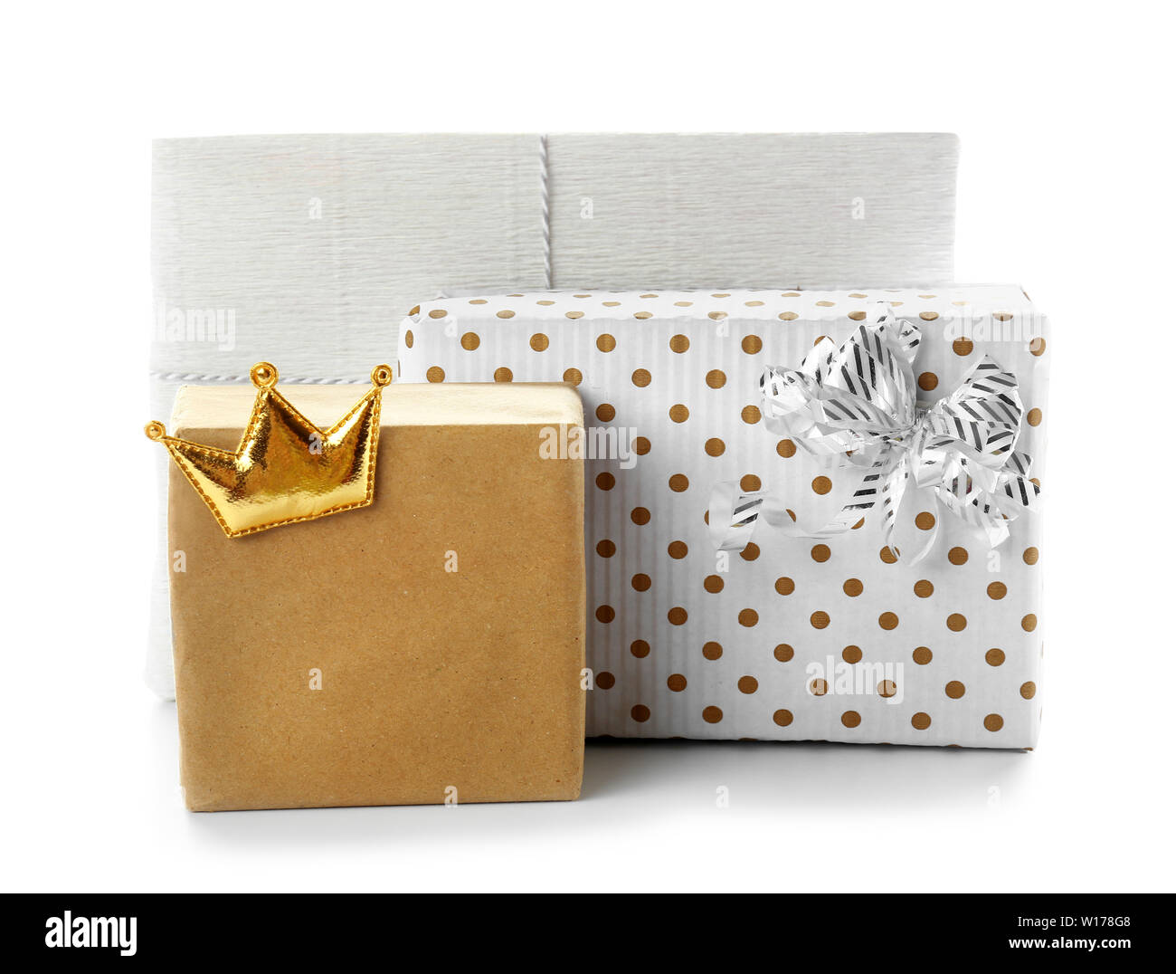 Beautiful gift boxes on white background Stock Photo - Alamy