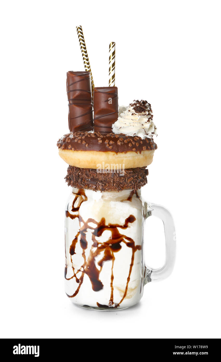 Delicious freak shake on white background Stock Photo - Alamy