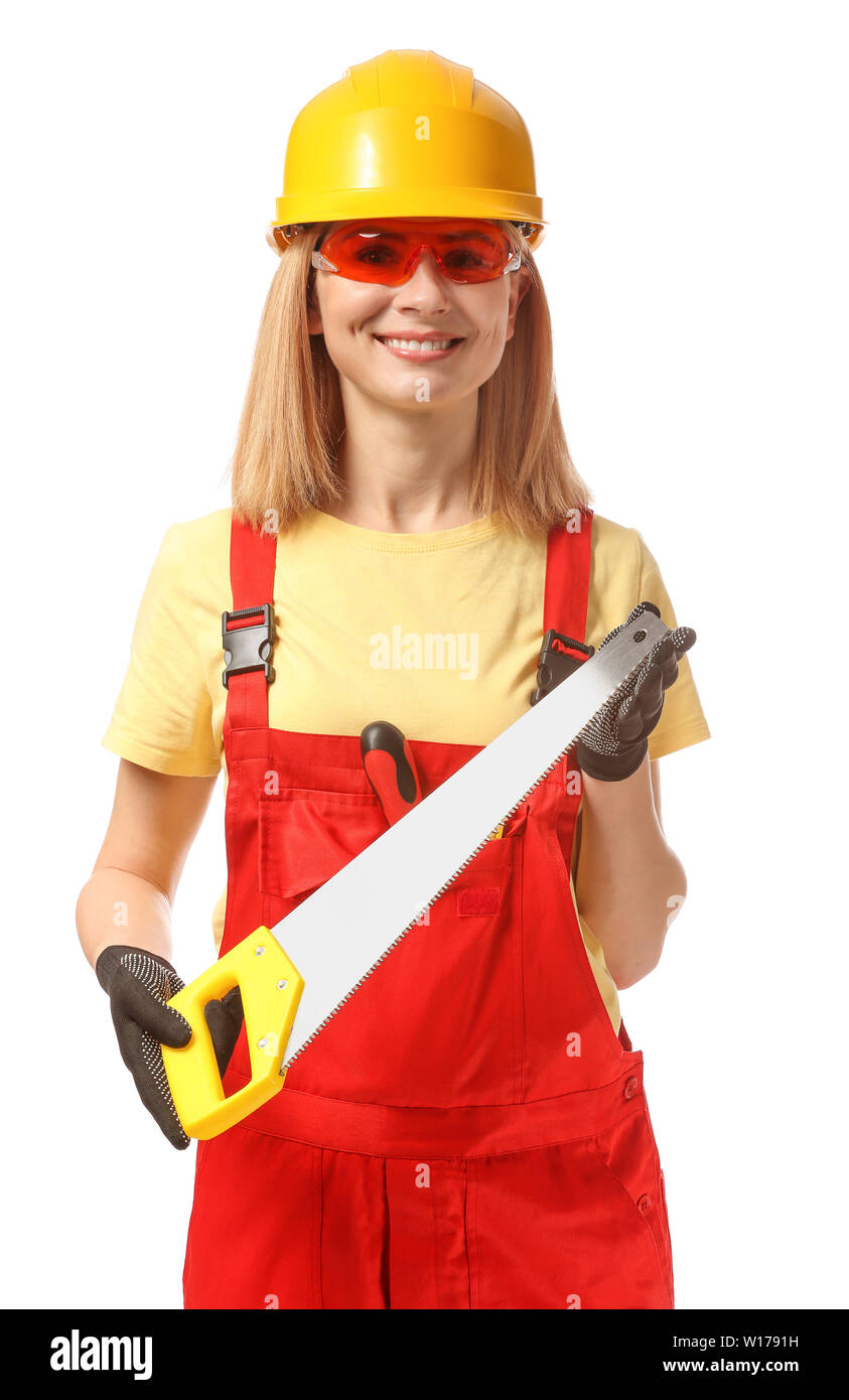 Female carpenter on white background Stock Photo - Alamy