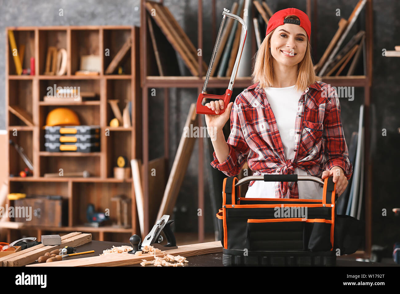 Female carpenter tool box hi-res stock photography and images - Alamy