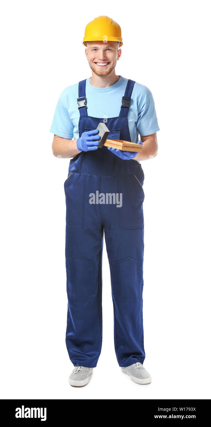 Male carpenter on white background Stock Photo - Alamy