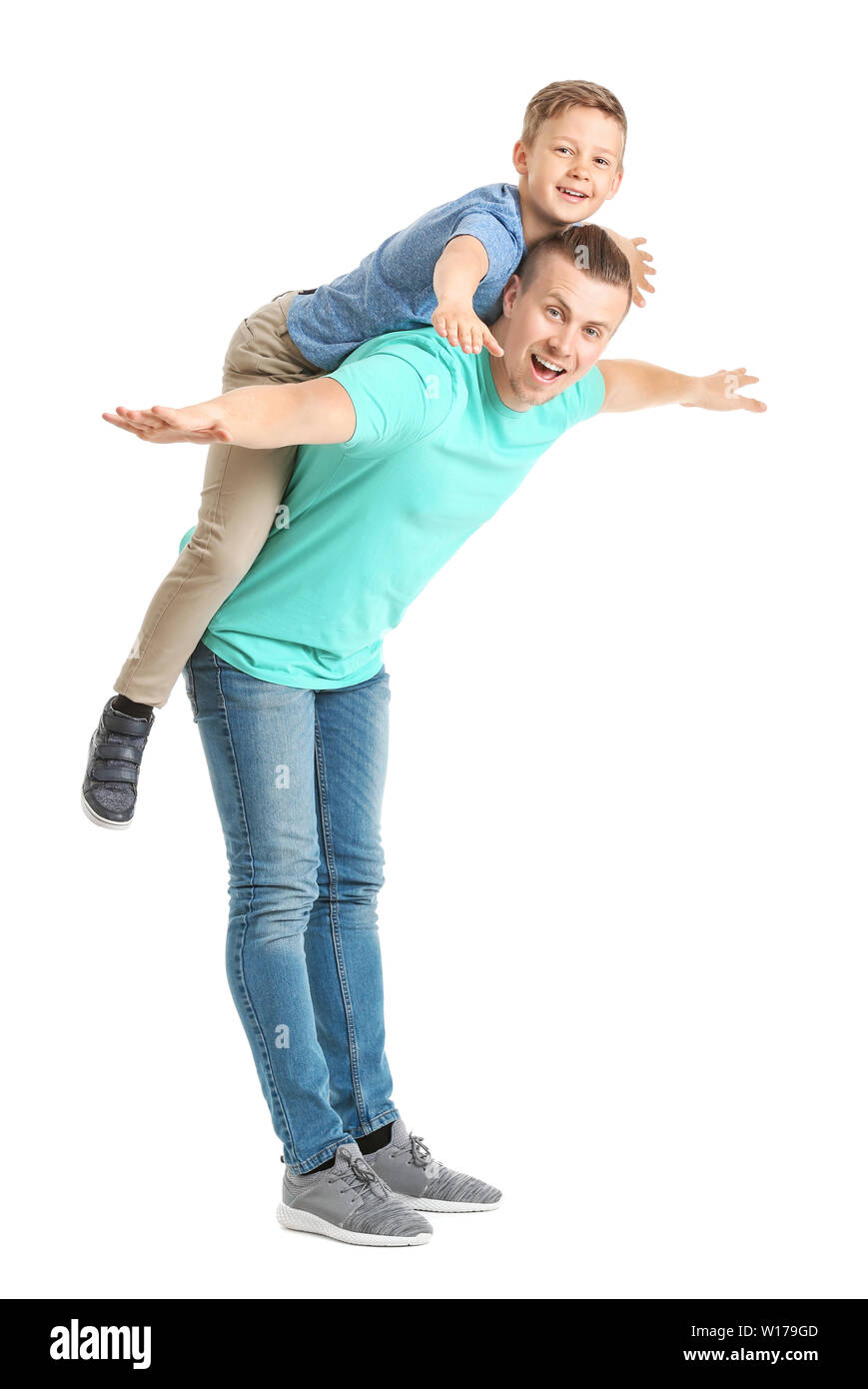 Portrait of happy father and son on white background Stock Photo - Alamy