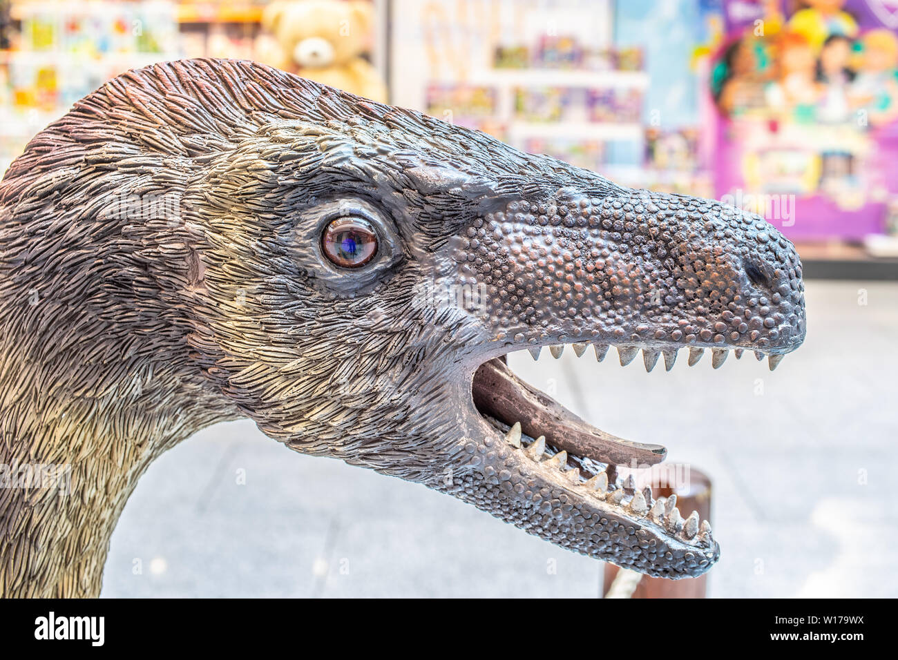 Lodz, Poland, May 2019: Velociraptor in shopping entertainment center ...